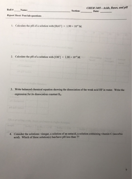 Solved CHEM 1405-Acids, Bases, and pH Roll # Name: Section: | Chegg.com