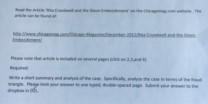 Solved Read the Article 'Rita Crundwell and the Dixon | Chegg.com