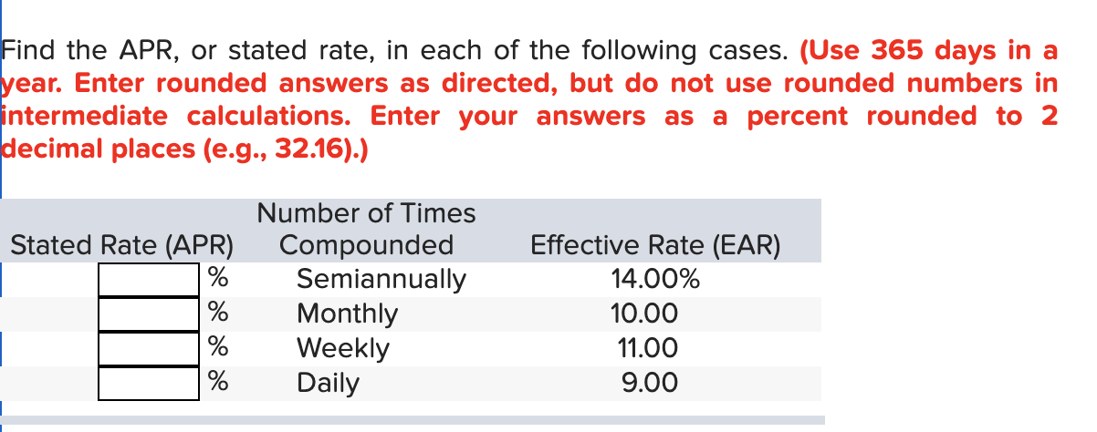 Solved Find the APR, or stated rate, in each of the | Chegg.com