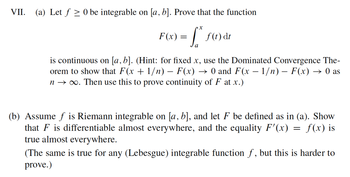 Solved VII. (a) Let f≥0 be integrable on [a,b]. Prove that | Chegg.com