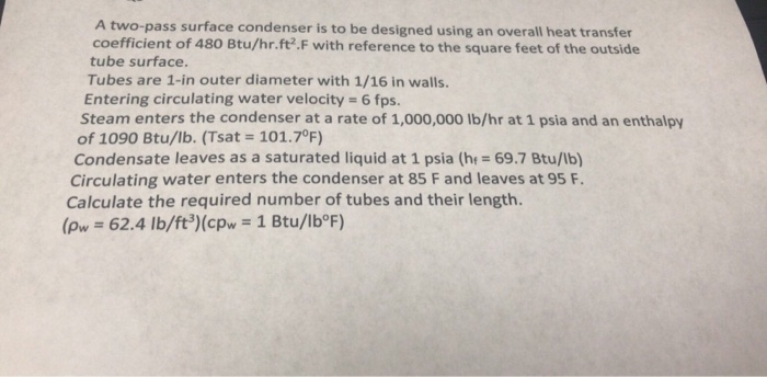 Solved A Two Pass Surface Condenser Is To Be Designed Using 8477