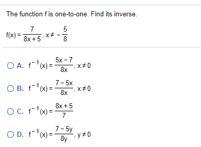 Solved The function f is one-to-one. Find its inverse. 5 7 | Chegg.com