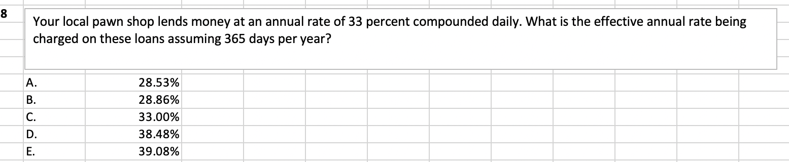 Solved 8 Your local pawn shop lends money at an annual rate | Chegg.com