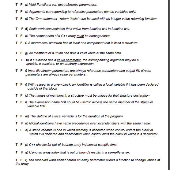 Solved T F a) Void Functions can use reference parameters. T | Chegg.com
