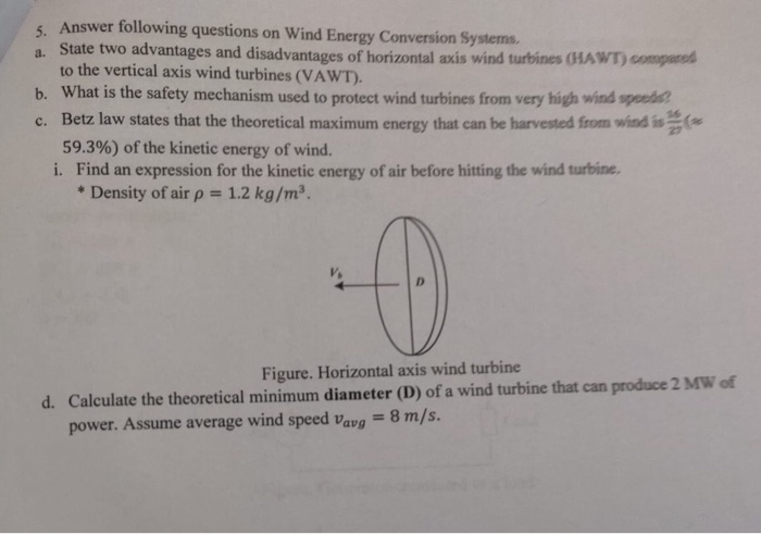 Solved 5. Answer following questions on Wind Energy | Chegg.com