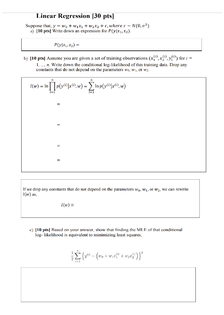 Solved Linear Regression [30 pts] Suppose that, | Chegg.com