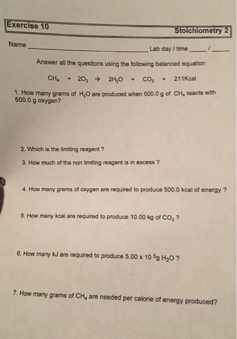 Solved Exercise 10 Stoichiometry 2 Name Lab day /time_ | Chegg.com