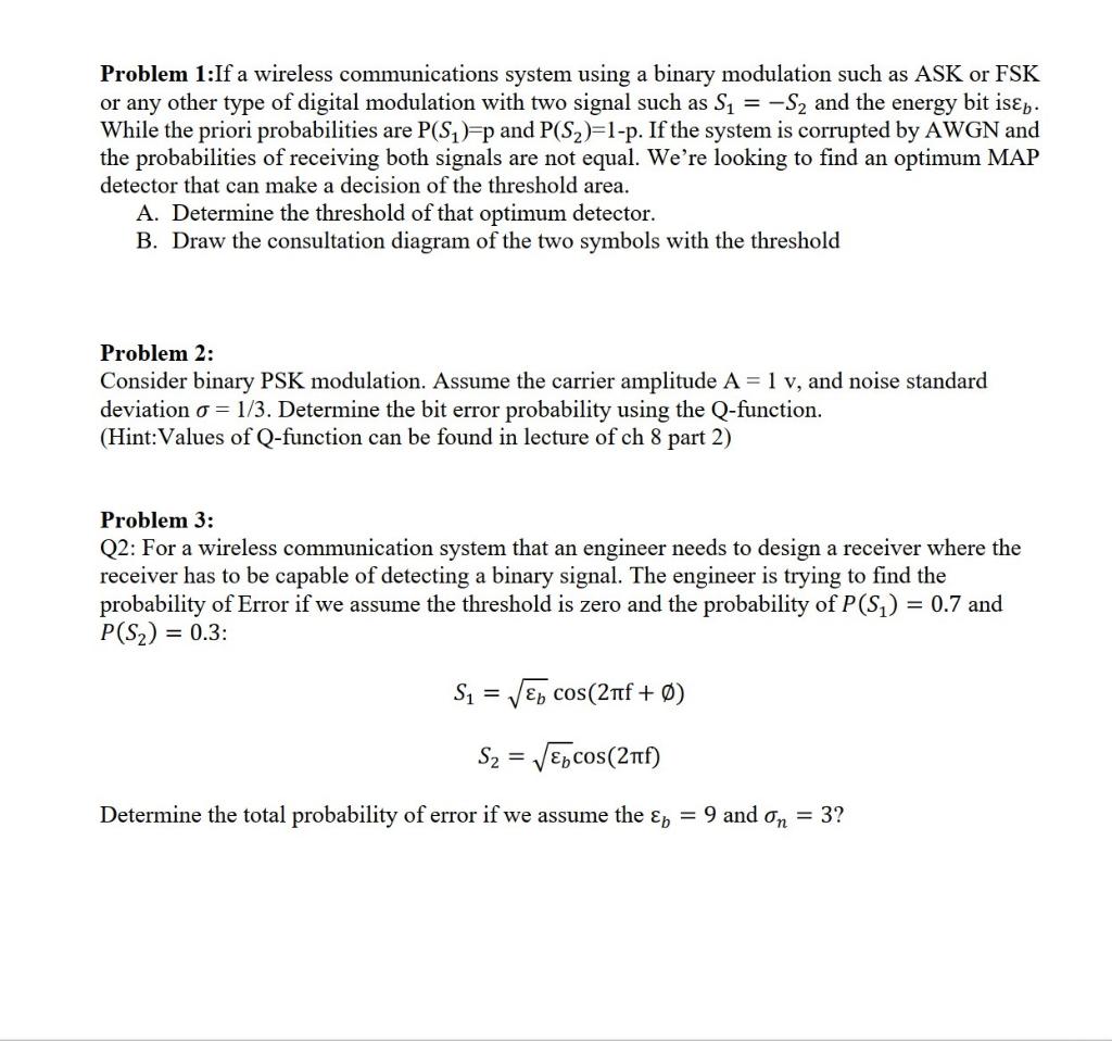 Problem 1:If a wireless communications system using a | Chegg.com