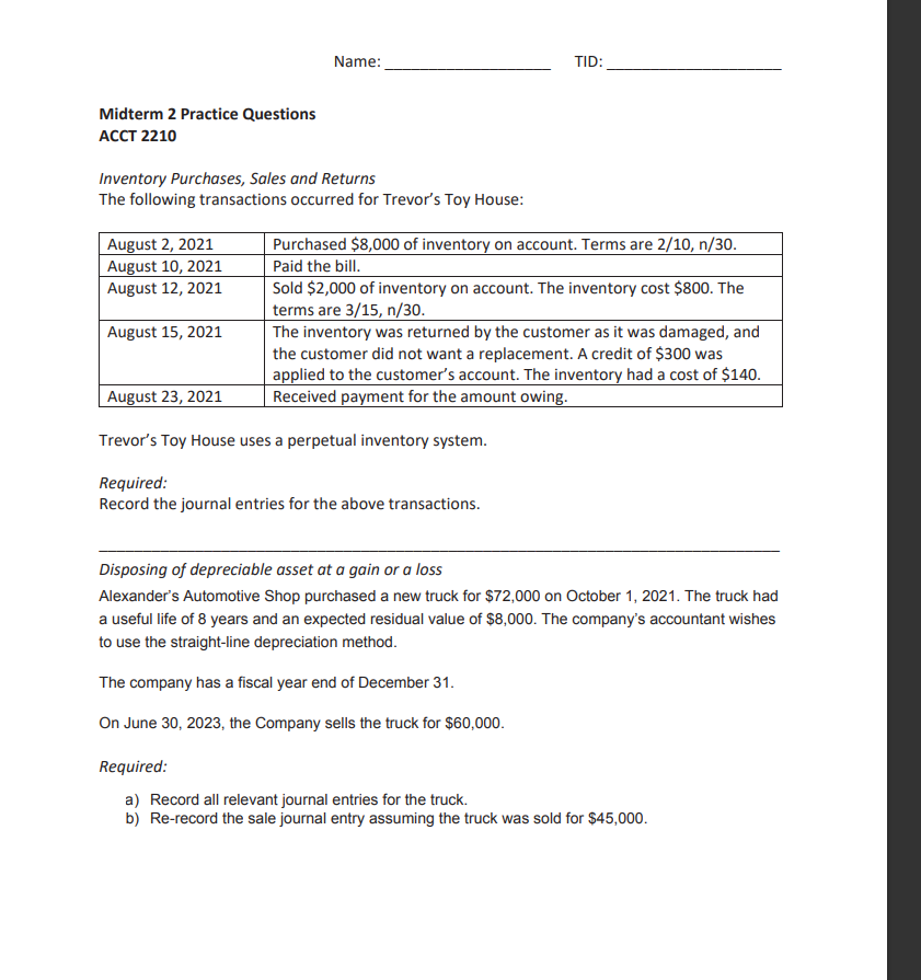 Solved Midterm 2 ﻿Practice QuestionsACCT 2210Inventory | Chegg.com