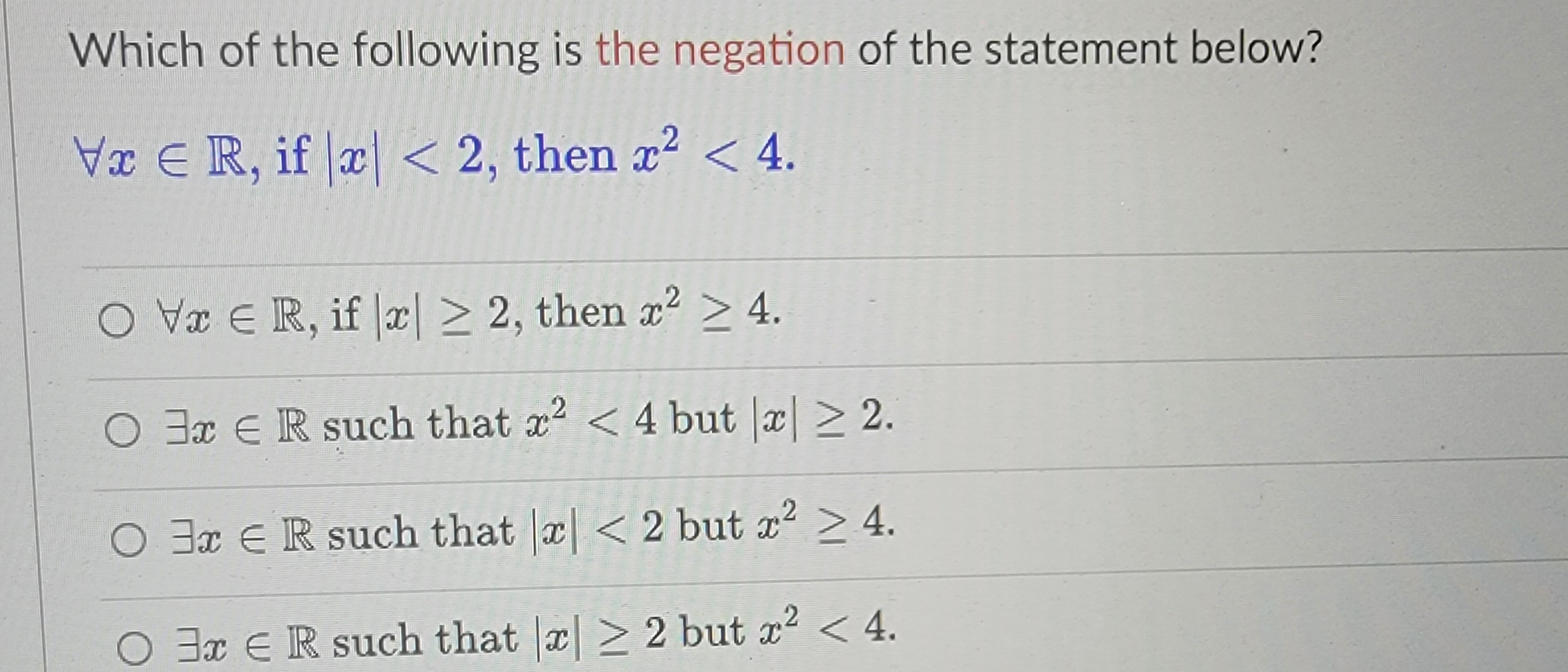 Solved Which of the following is the negation of the | Chegg.com