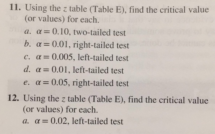 Solved 11. Using the z table (Table E), find the critical | Chegg.com