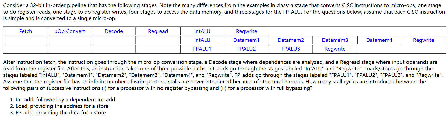 Consider a 32-bit in order pipeline that has the | Chegg.com