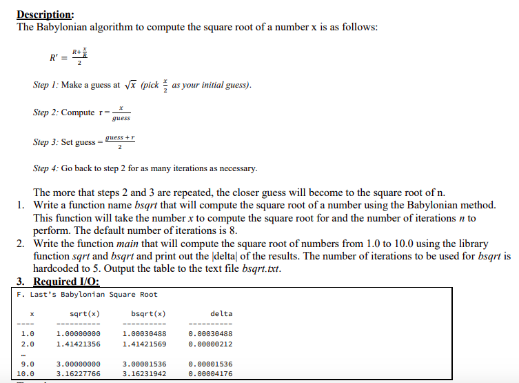 Solved Description The Babylonian algorithm to compute the | Chegg.com