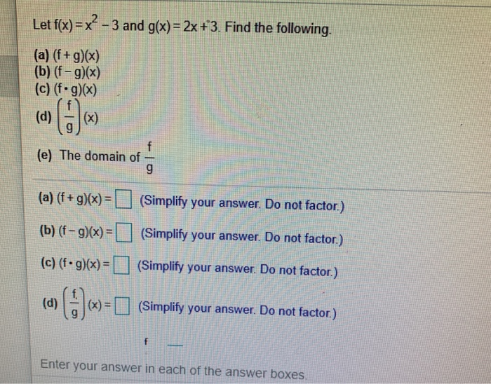 Solved Let f(x) =x2-3 and g(x)= 2x+3. Find the following. | Chegg.com