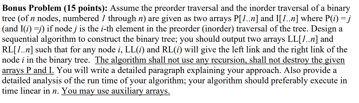 Bonus Problem (15 points): Assume the preorder | Chegg.com