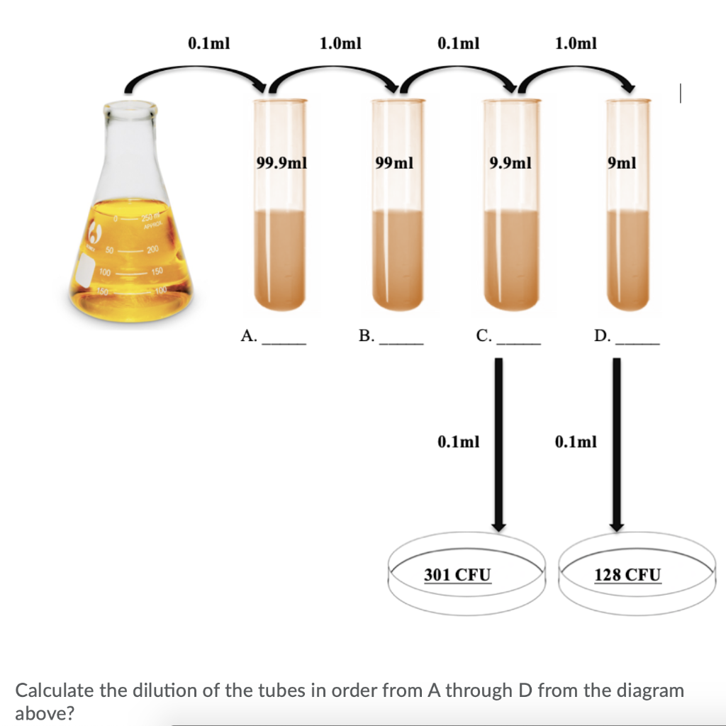 Solved 0.1ml 1.0ml 0.1ml 1.0ml 99.9ml 99ml 9.9ml 9ml 50 200 | Chegg.com