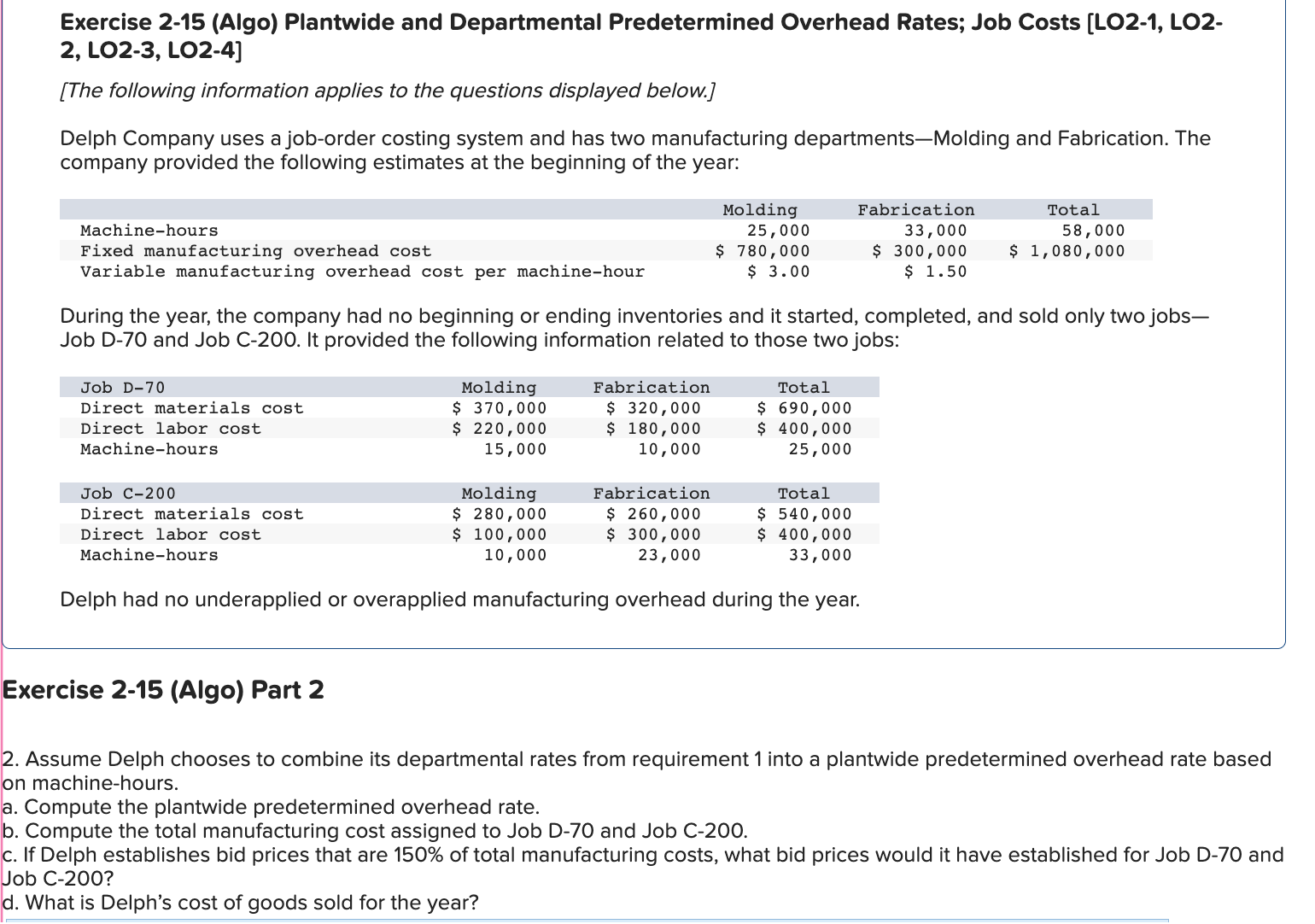 Solved Exercise 2-15 (Algo) Plantwide and Departmental | Chegg.com