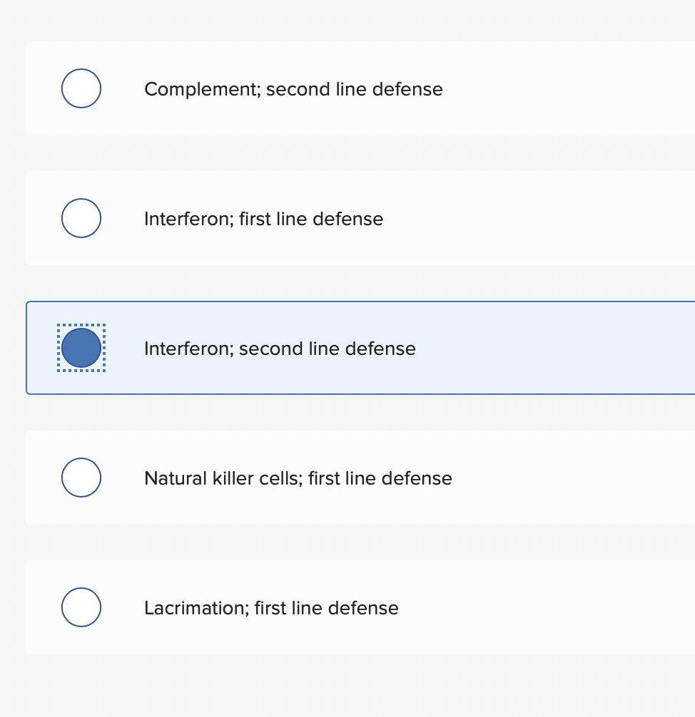 Solved Complement; second line defense Interferon; first | Chegg.com