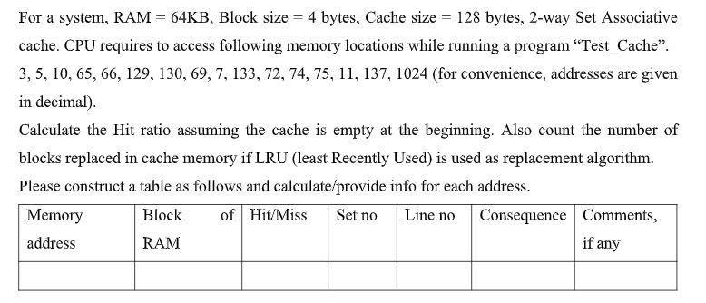 Solved For a system, RAM = 64KB, Block size = 4 bytes, Cache | Chegg.com