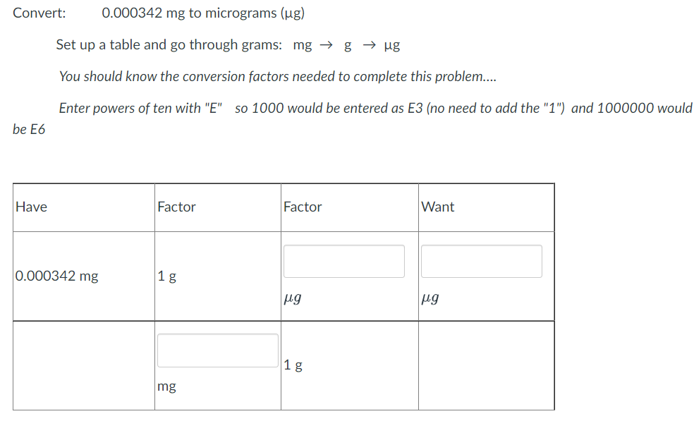 Solved Convert: 0.000342 mg to micrograms (ug) Set up a | Chegg.com