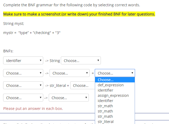 Complete the BNF grammar for the following code by | Chegg.com