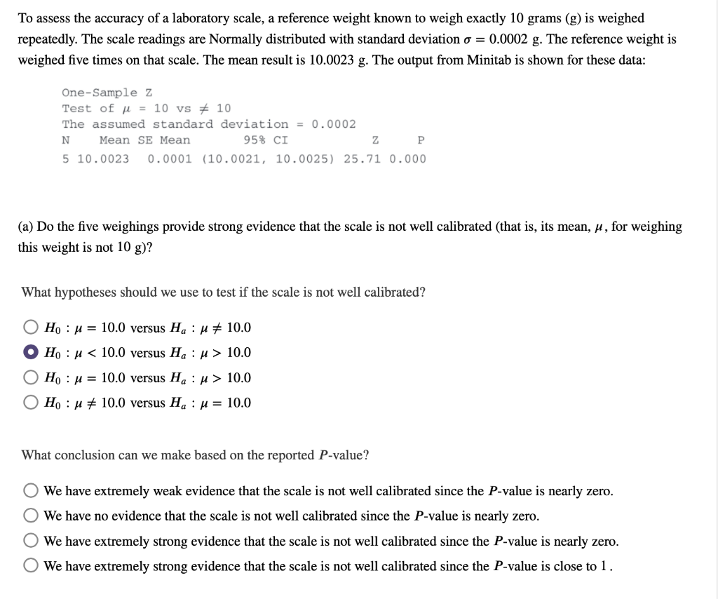 Solved To assess the accuracy of a laboratory scale, a | Chegg.com