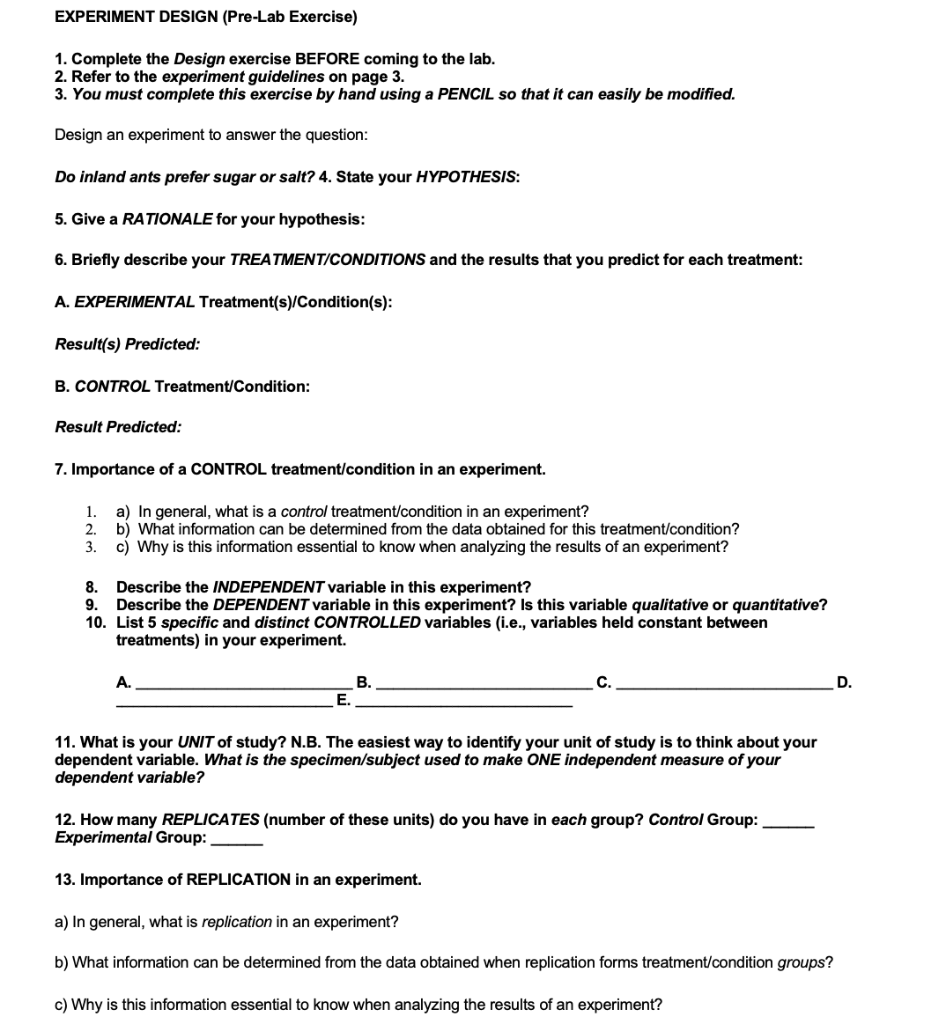 EXPERIMENT DESIGN (Pre-Lab Exercise) 1. Complete the | Chegg.com