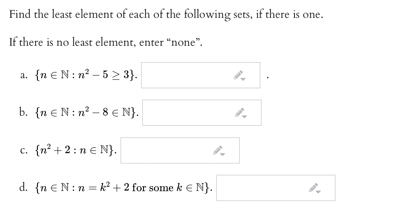 Solved Find the least element of each of the following sets, | Chegg.com