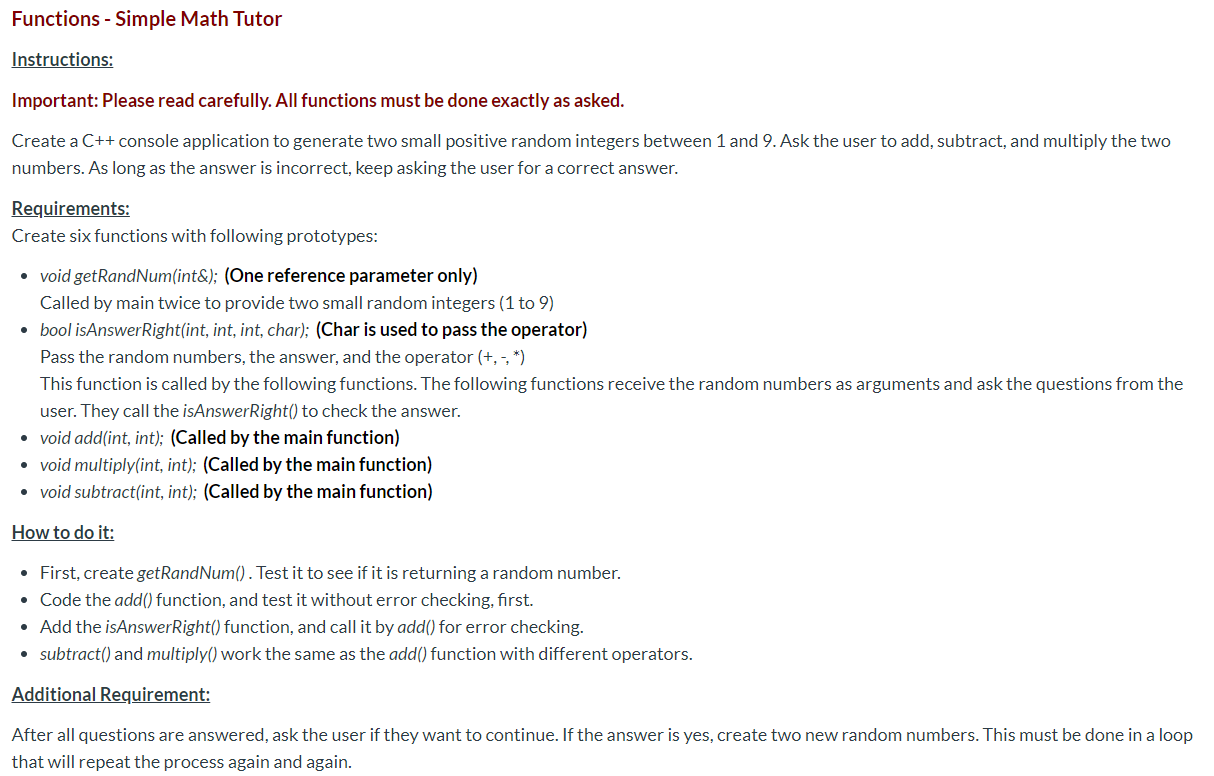 Solved Functions - Simple Math Tutor Instructions: | Chegg.com