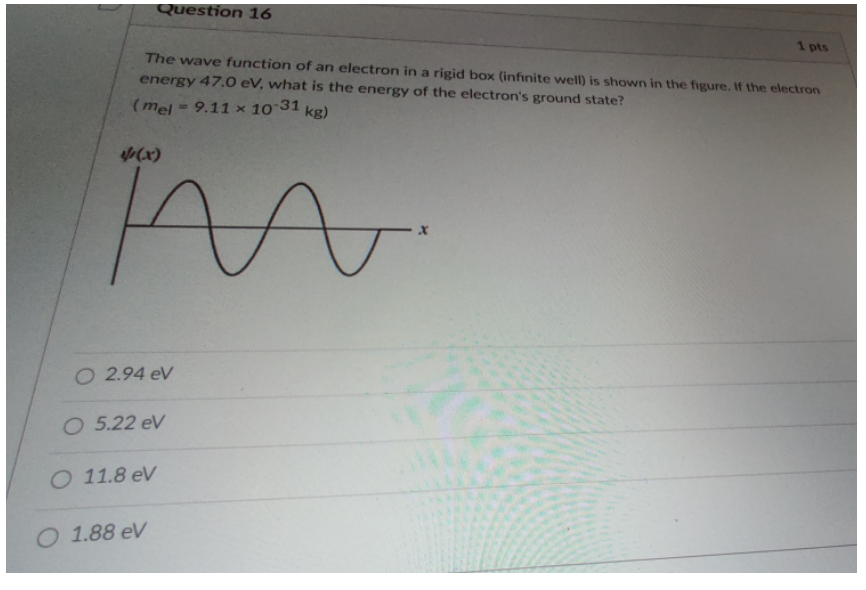 Solved Question 16 1 pts The wave function of an electron in | Chegg.com