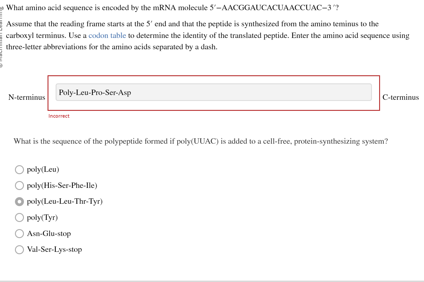 Solved What amino acid sequence is encoded by the mRNA | Chegg.com