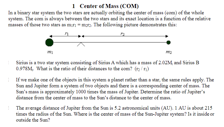 Solved 1 Center of Mass (COM) In a binary star system the | Chegg.com