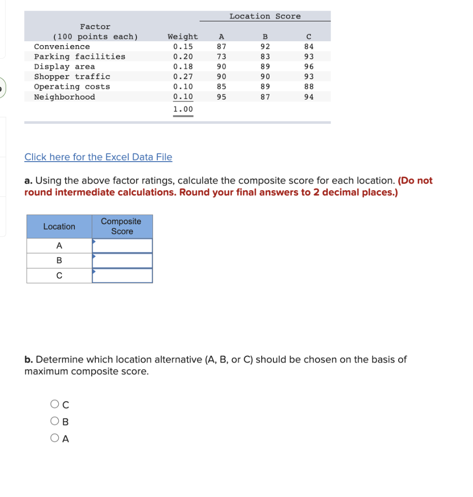 Solved Click here for the Excel Data File a. Using the above | Chegg.com
