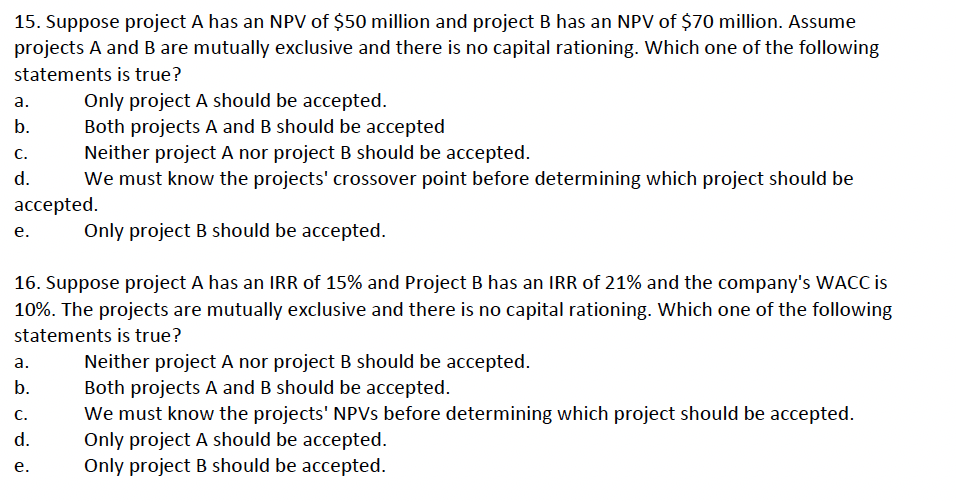 Solved 15. Suppose project A has an NPV of $50 million and | Chegg.com