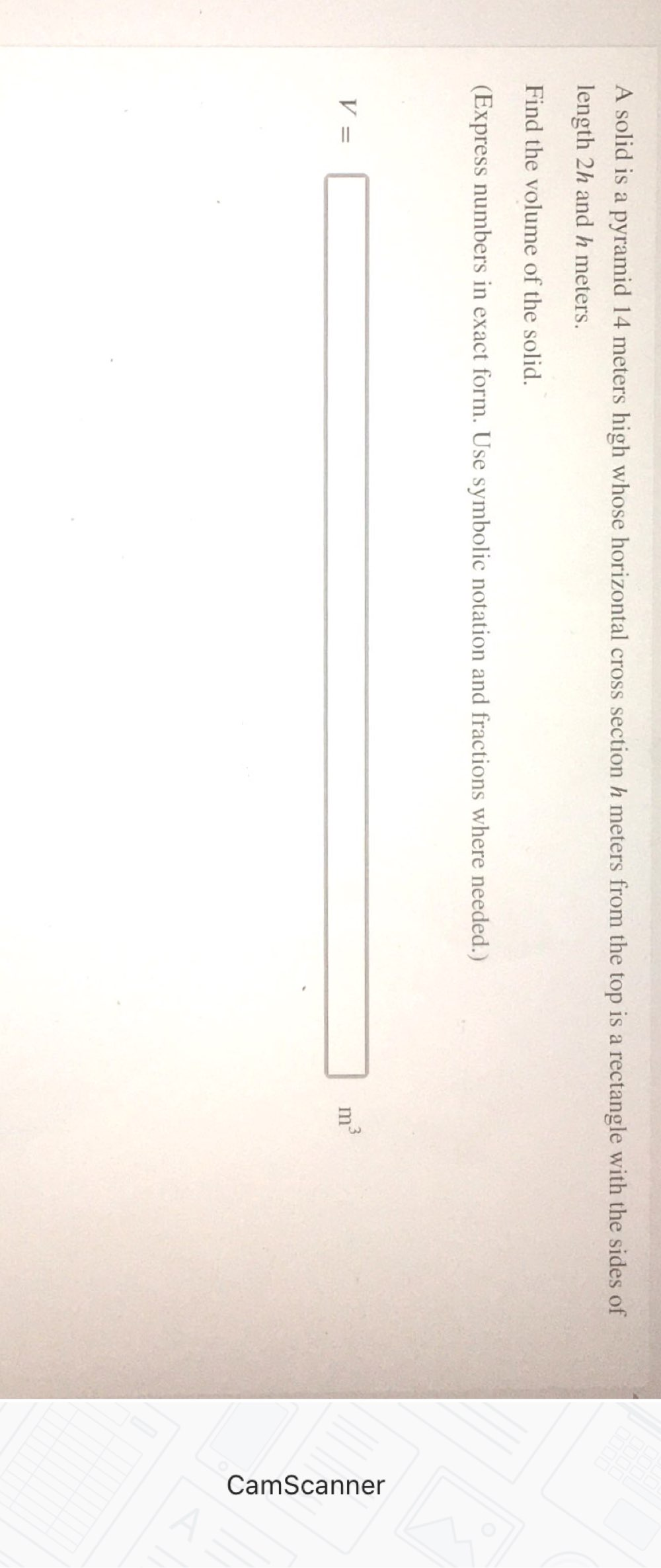 Solved A solid is a pyramid 14 meters high whose horizontal | Chegg.com