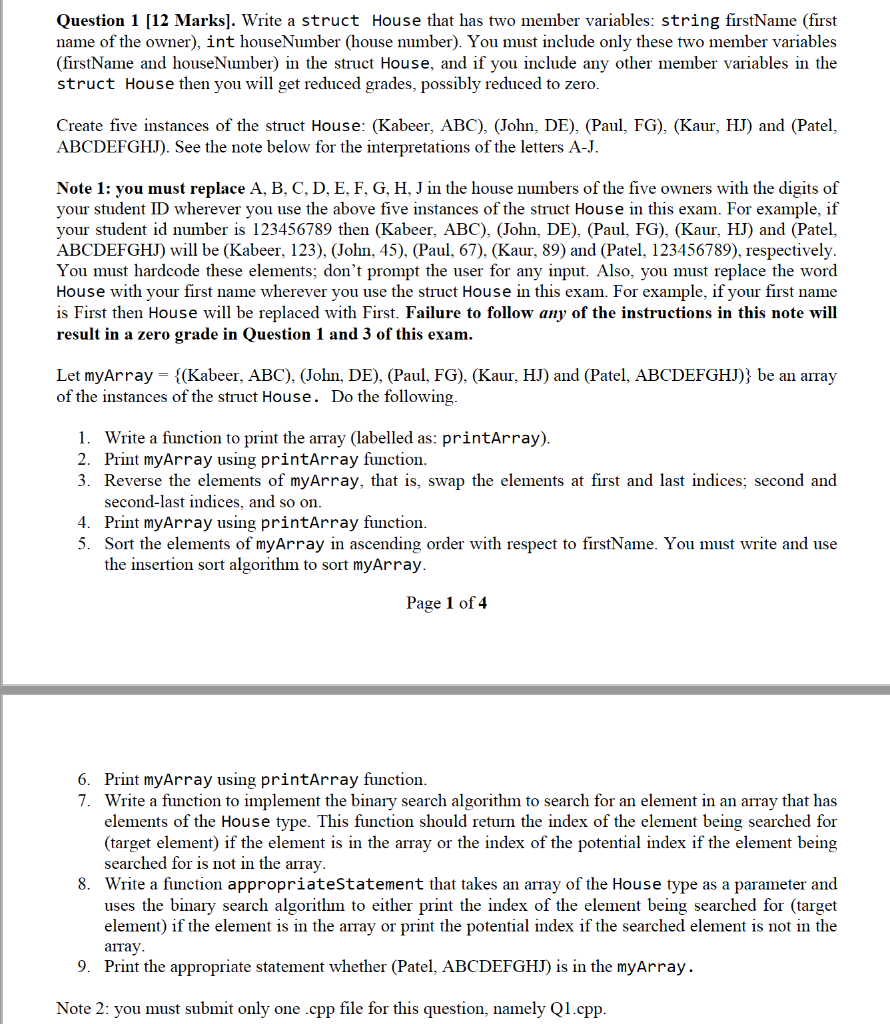 Solved Question 1 [12 Marks). Write a struct House that has | Chegg.com