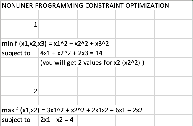 Solved NONLINER PROGRAMMING CONSTRAINT OPTIMIZATION: | Chegg.com