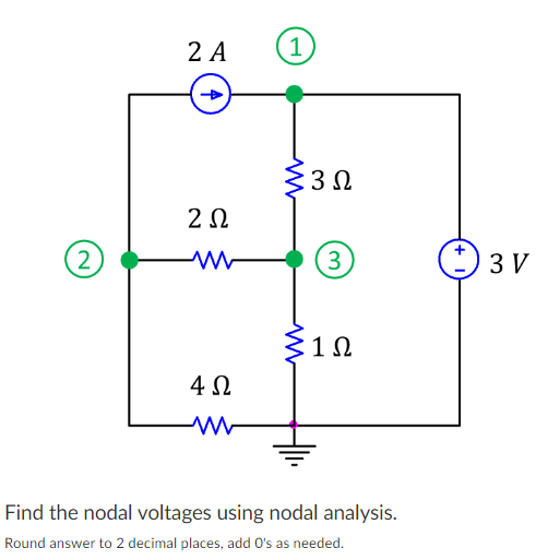 Solved Find the nodal voltages using nodal analysis. Round | Chegg.com