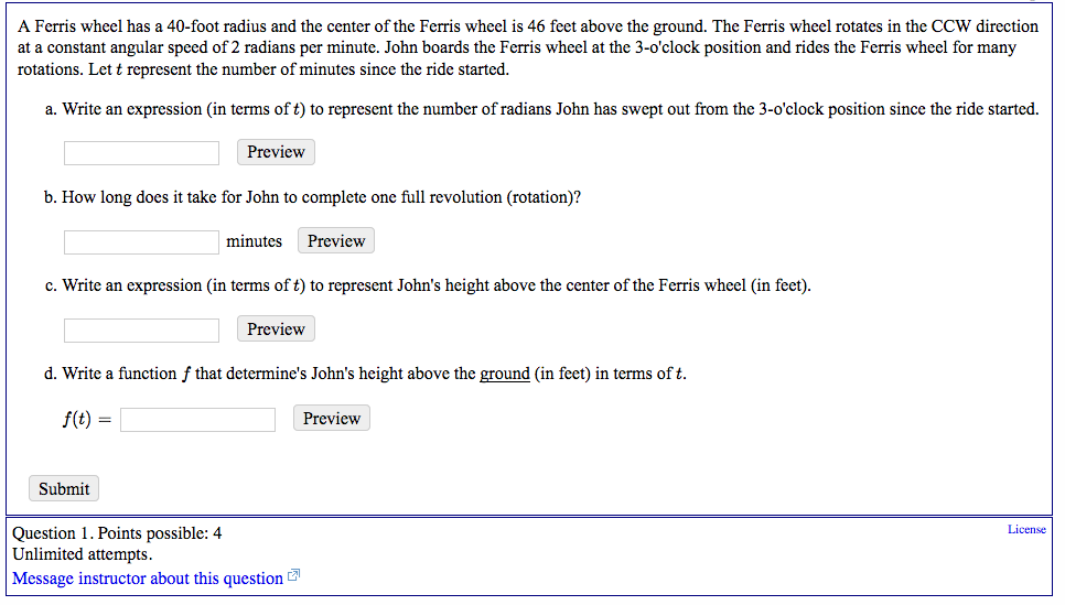 Solved A Ferris wheel has a 40-foot radius and the center of | Chegg.com