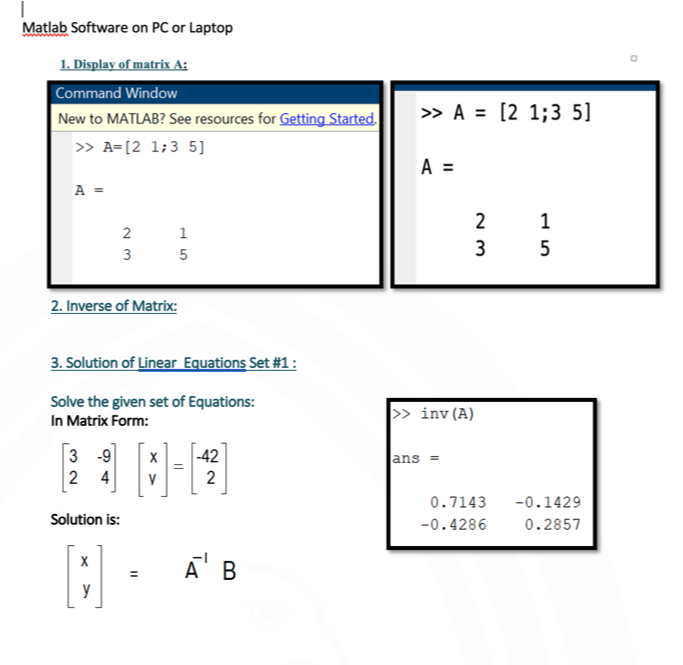 Solved Matlab Software on PC or Laptop 1. Display of matrix | Chegg.com