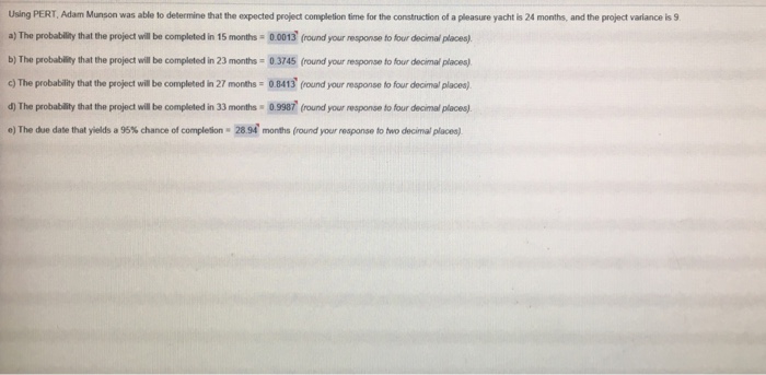 Solved Using PERT, Adam Munson was able to determine that | Chegg.com