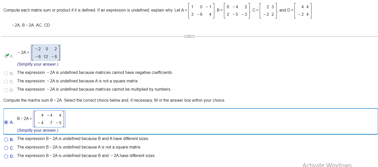 Solved −2 A, B−2 A,AC,CD −2A=[−2−60122−8] (Simplify your | Chegg.com