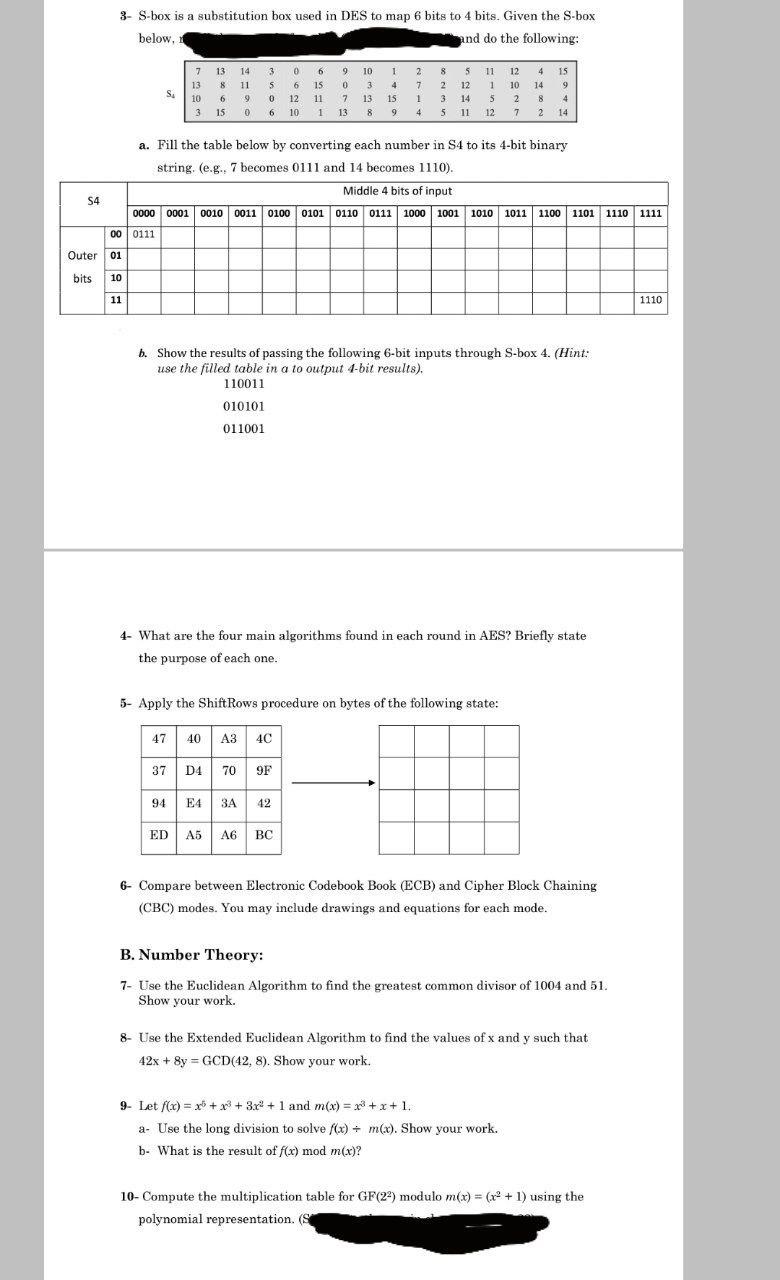 Solved 3- S-box is a substitution box used in DES to map 6 | Chegg.com