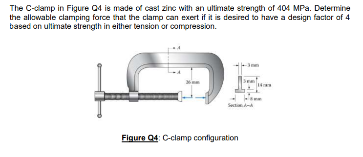 Solved The C-clamp in Figure Q4 is made of cast zinc with an | Chegg.com