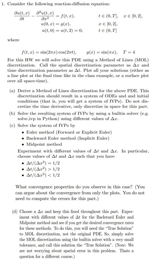 Solved 1. Consider the following reaction-diffusion | Chegg.com
