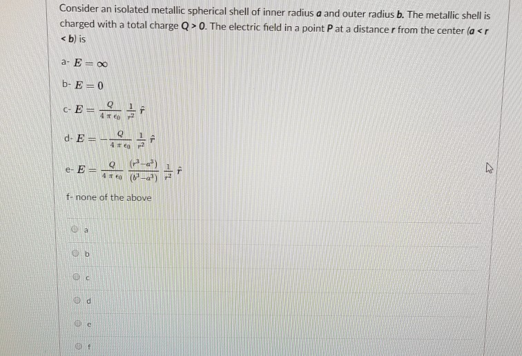 Solved Consider an isolated metallic spherical shell of | Chegg.com