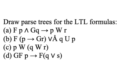 Solved Draw parse trees for the LTL formulas: (a) Fp 1 Gq → | Chegg.com