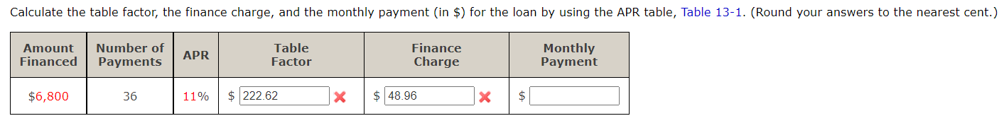 Solved Calculate the table factor, the finance charge, and | Chegg.com