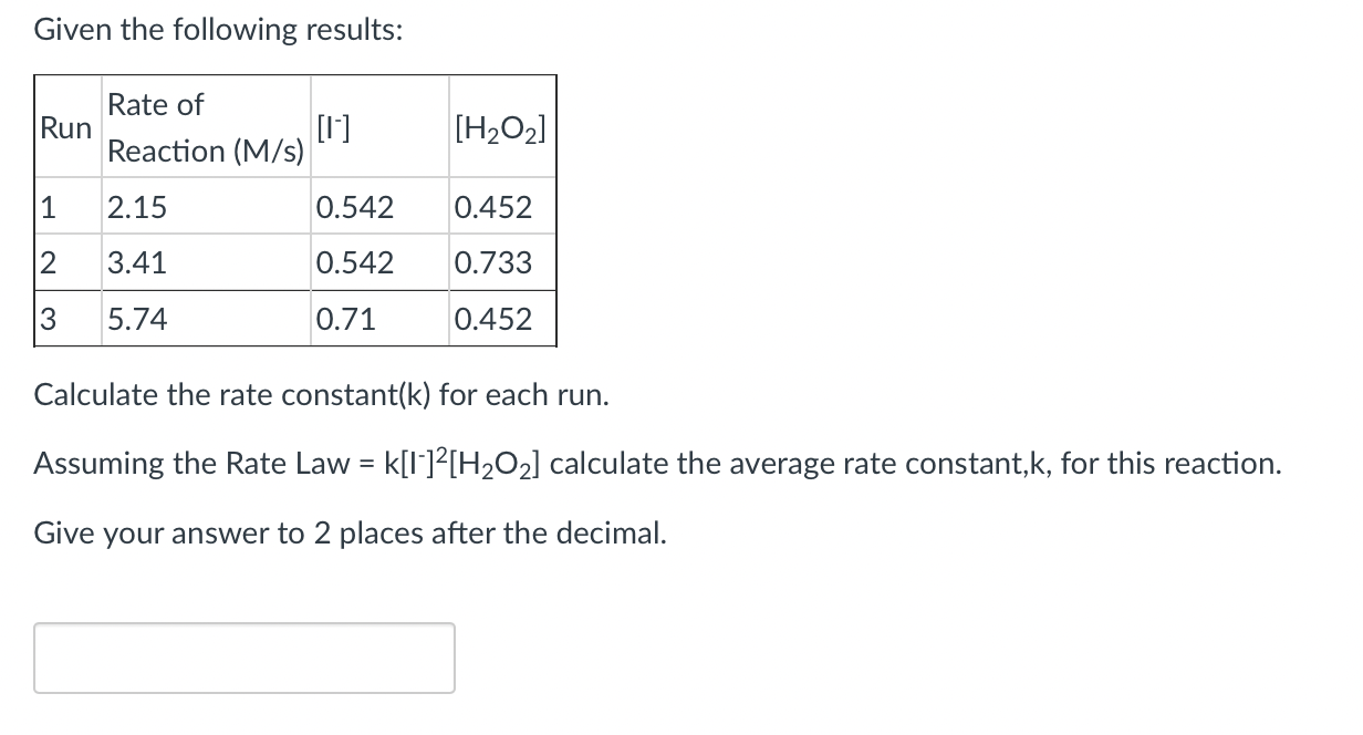 Solved Given the following results: Calculate the rate | Chegg.com