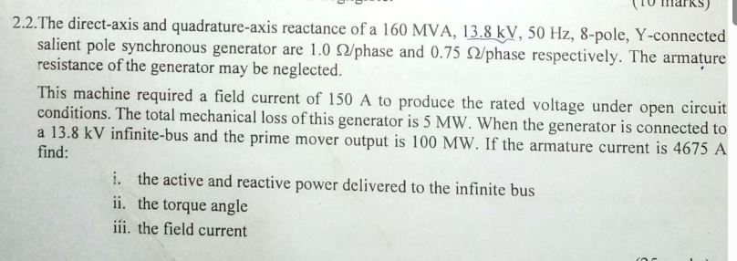 Solved 2 2 The Direct Axis And Quadrature Axis Reactance Of